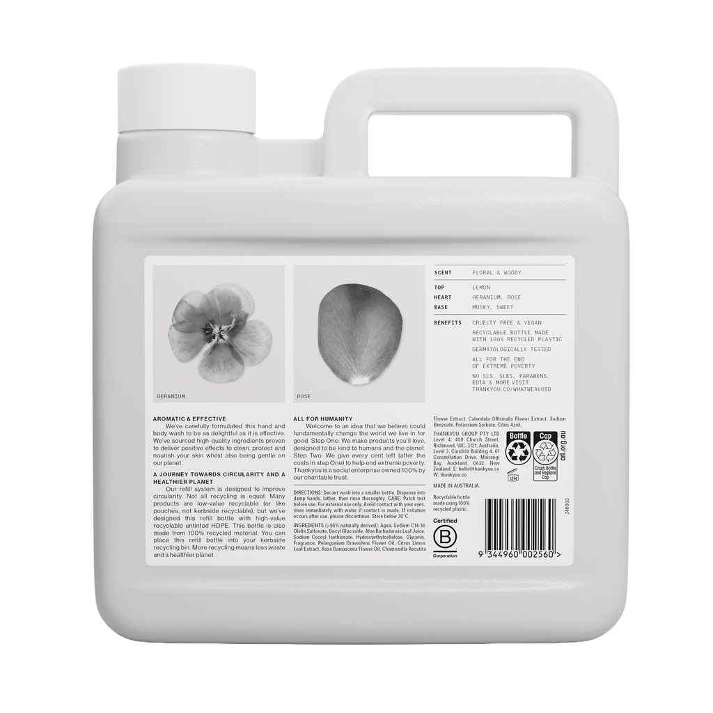 Thankyou Hand & Body Wash Refill 3L x 2 - Botanical Geranium, Rose & W ...
